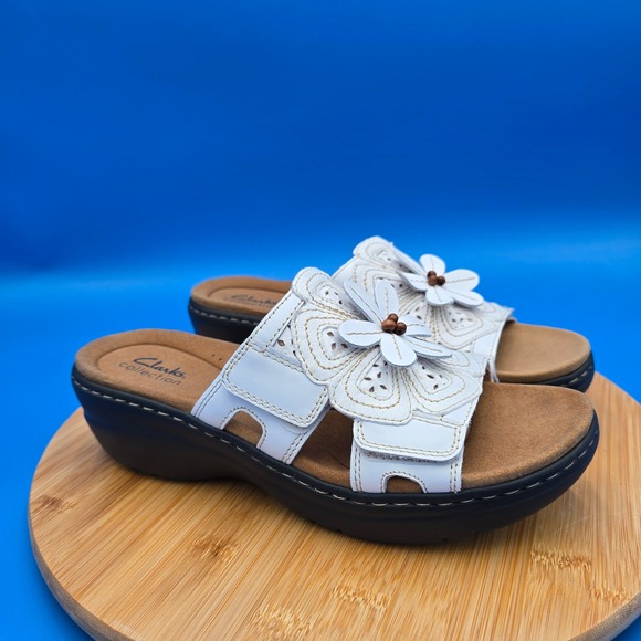 Clarks | Shoes | Clarks Collection White Leather Flower Wedge Sandals ...